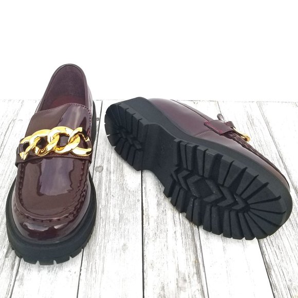 Shoes | New Wide Wine Patent Gold Chain Slip On Platform Penny Loafers ...